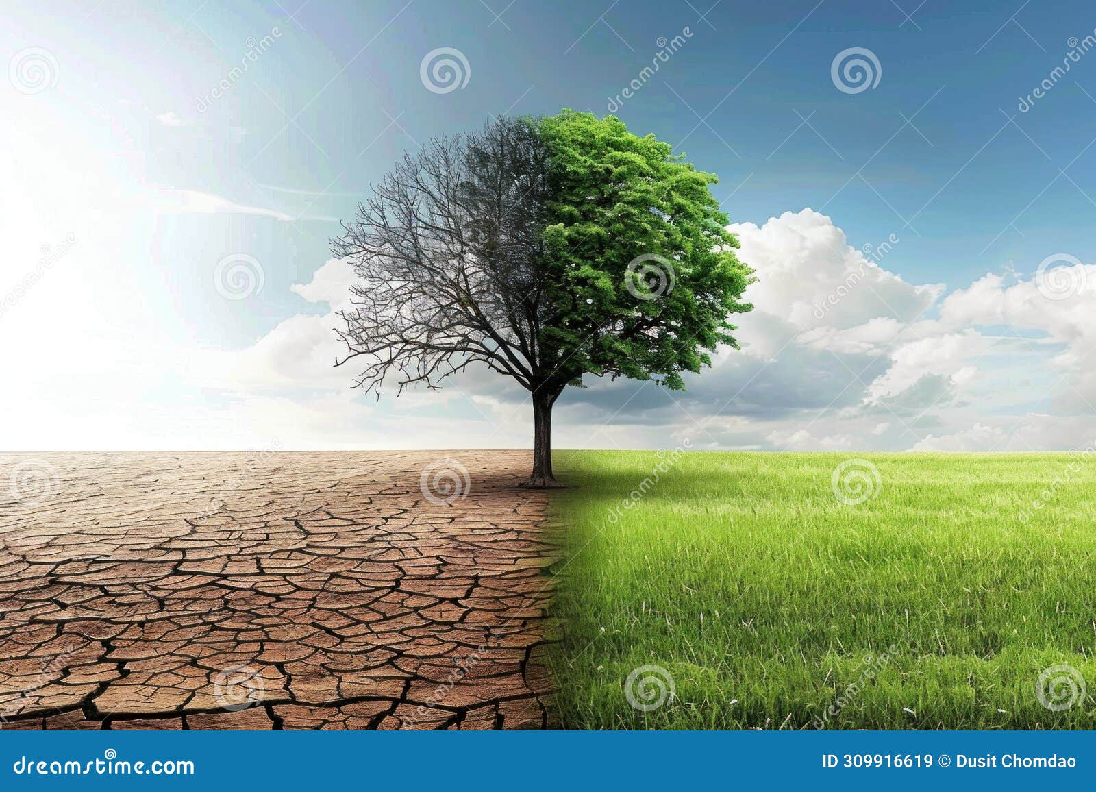 A Tree is Shown in Two Different Stages, One with a Barren, Dry ...