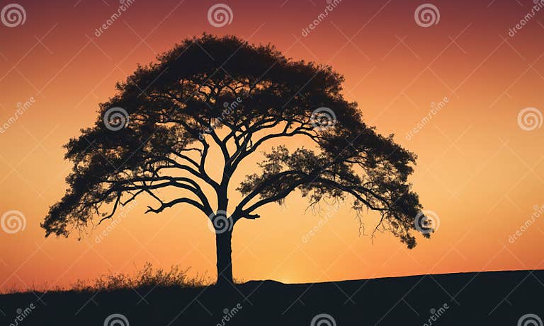 Silhouette of a Tree Against a Bright Orange Sunset Stock Illustration ...