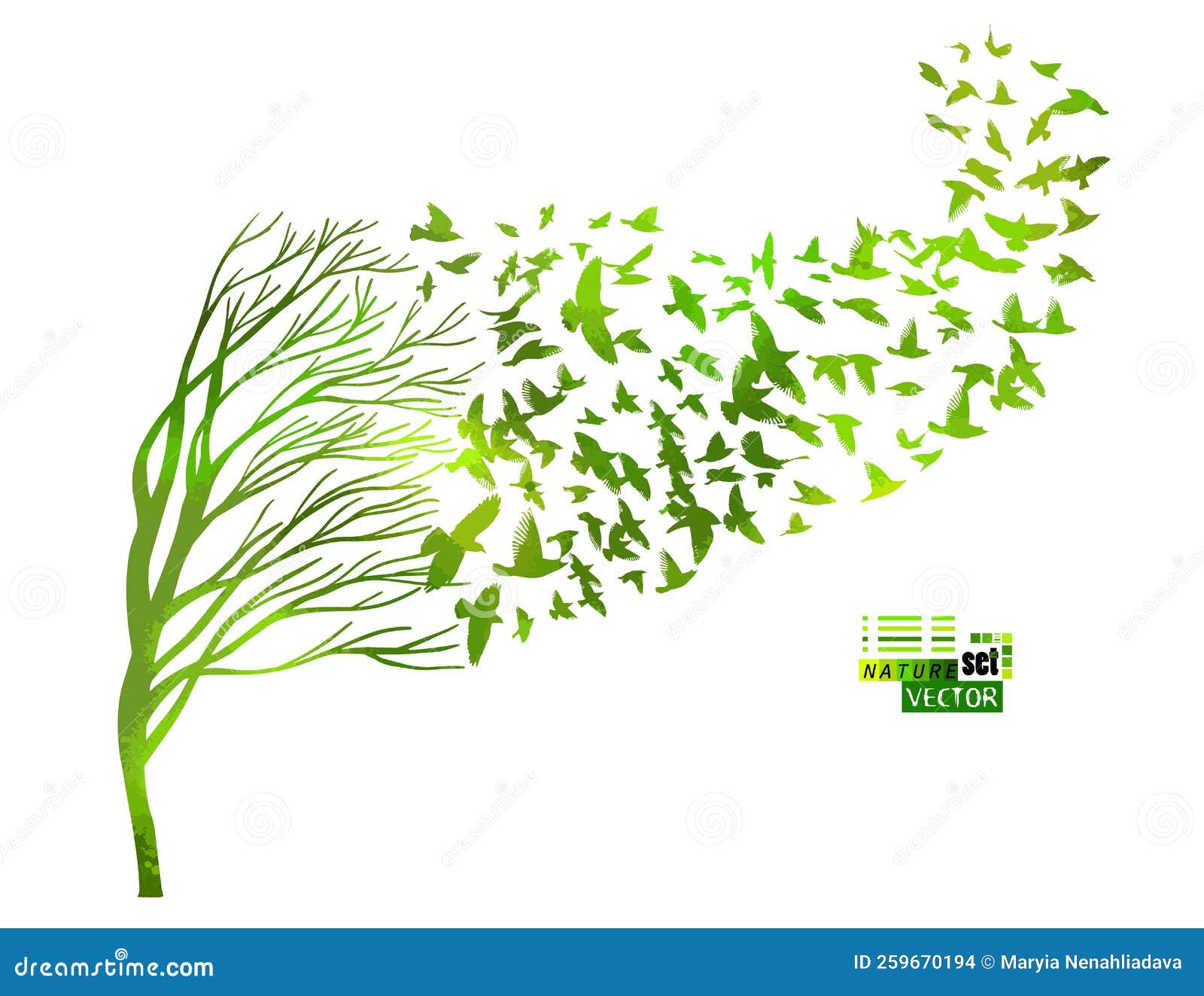 Tree Silhouette with Green Birds Flying. a Flock of Birds Fly South in ... Tree Silhouette with Green Birds Flying. a Flock of Birds Fly South in ...