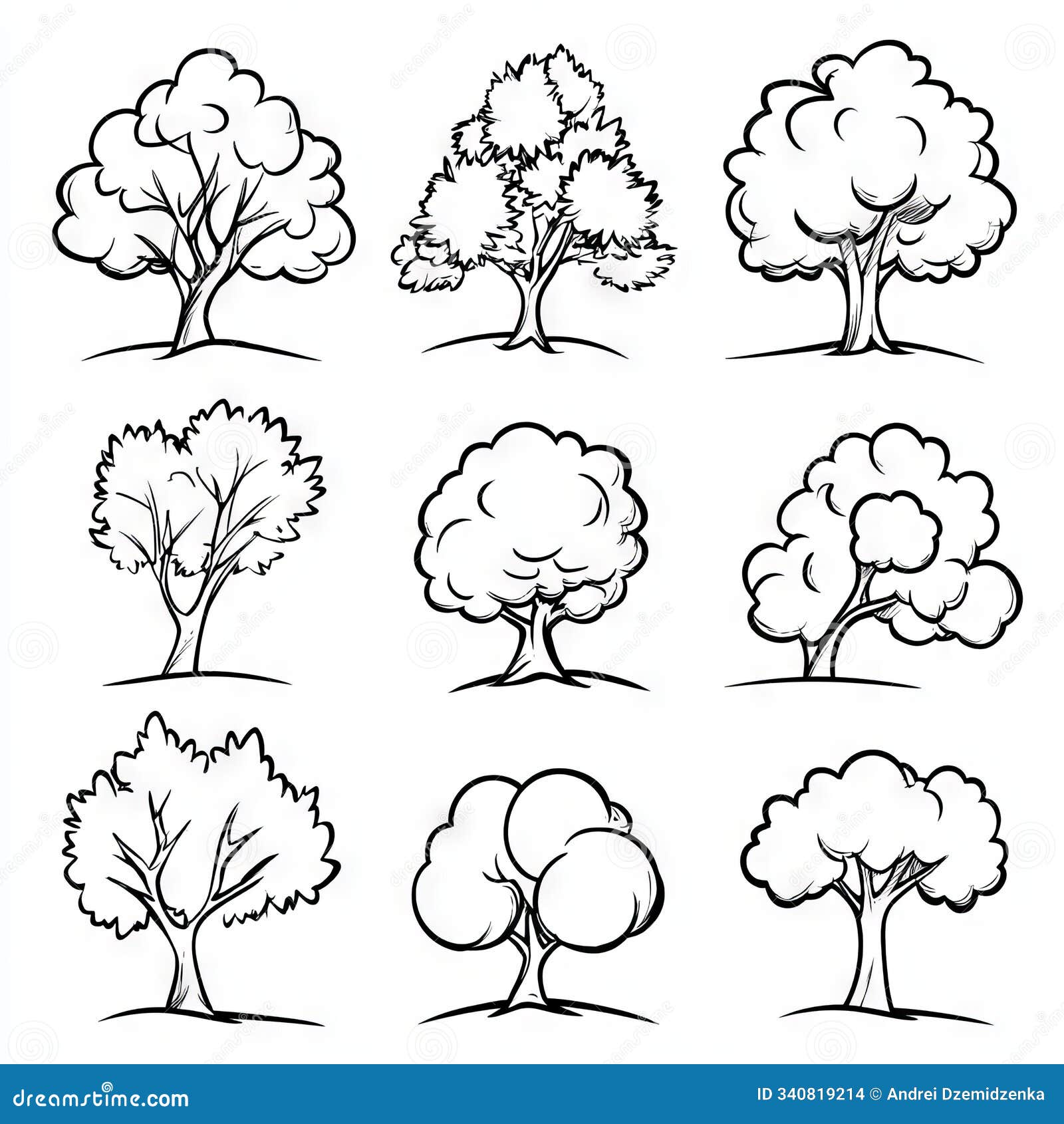 Tree Silhouette Set, Dendrology Sketch Collection, Graphic Template ...