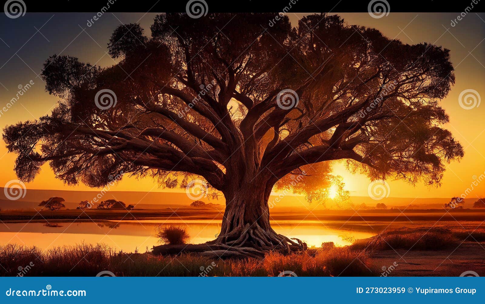 Tree Silhouette Sunset Tranquil Water Reflection Orange Meadow ...