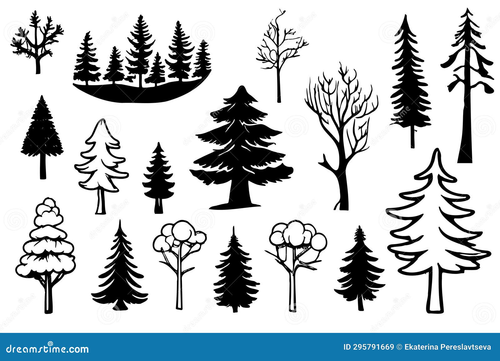 Tree Sketches Set Different Types . Hand Drawn Vector Illustration ...