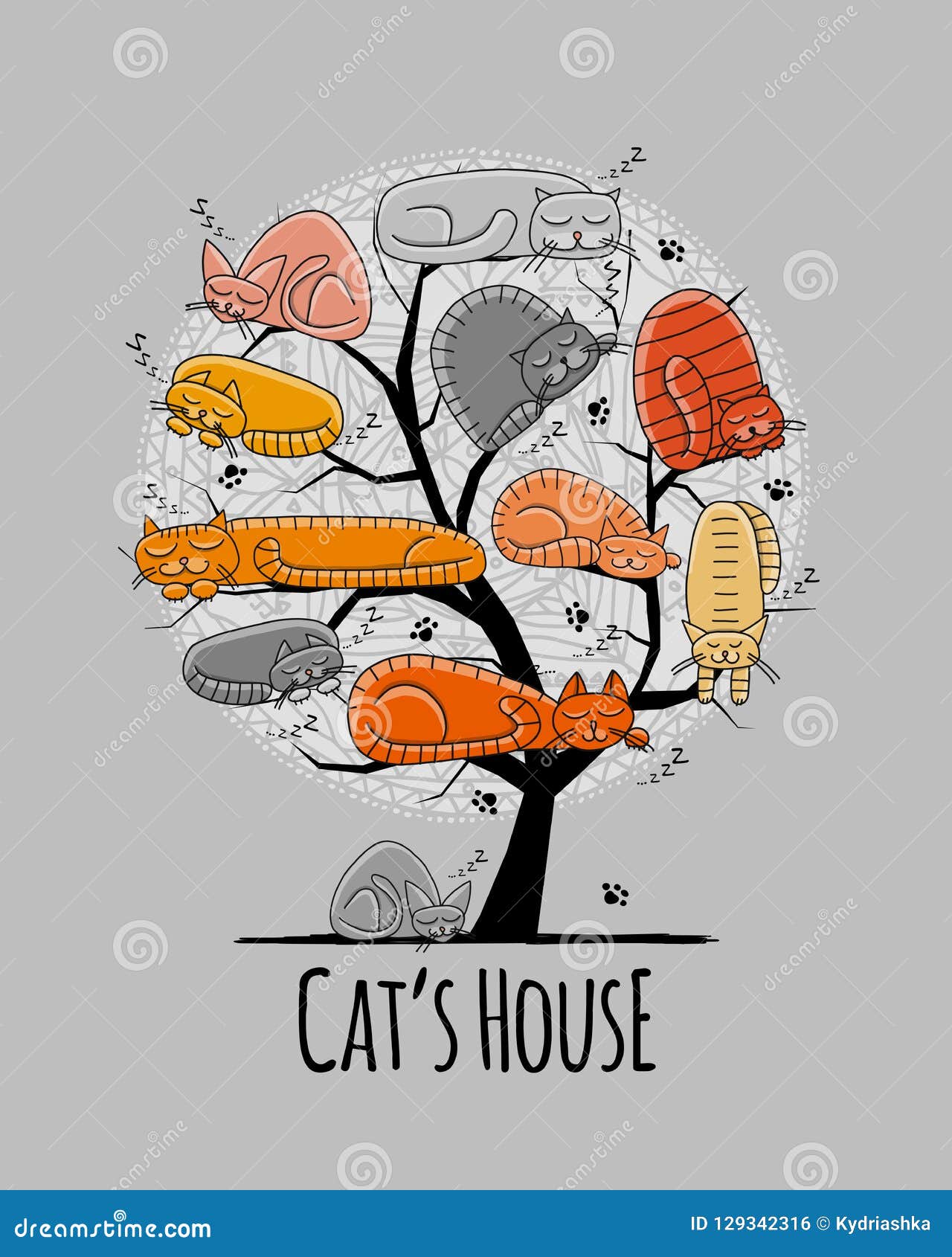 Tree with Sleeping Cats, Sketch for Your Design Stock Vector ...