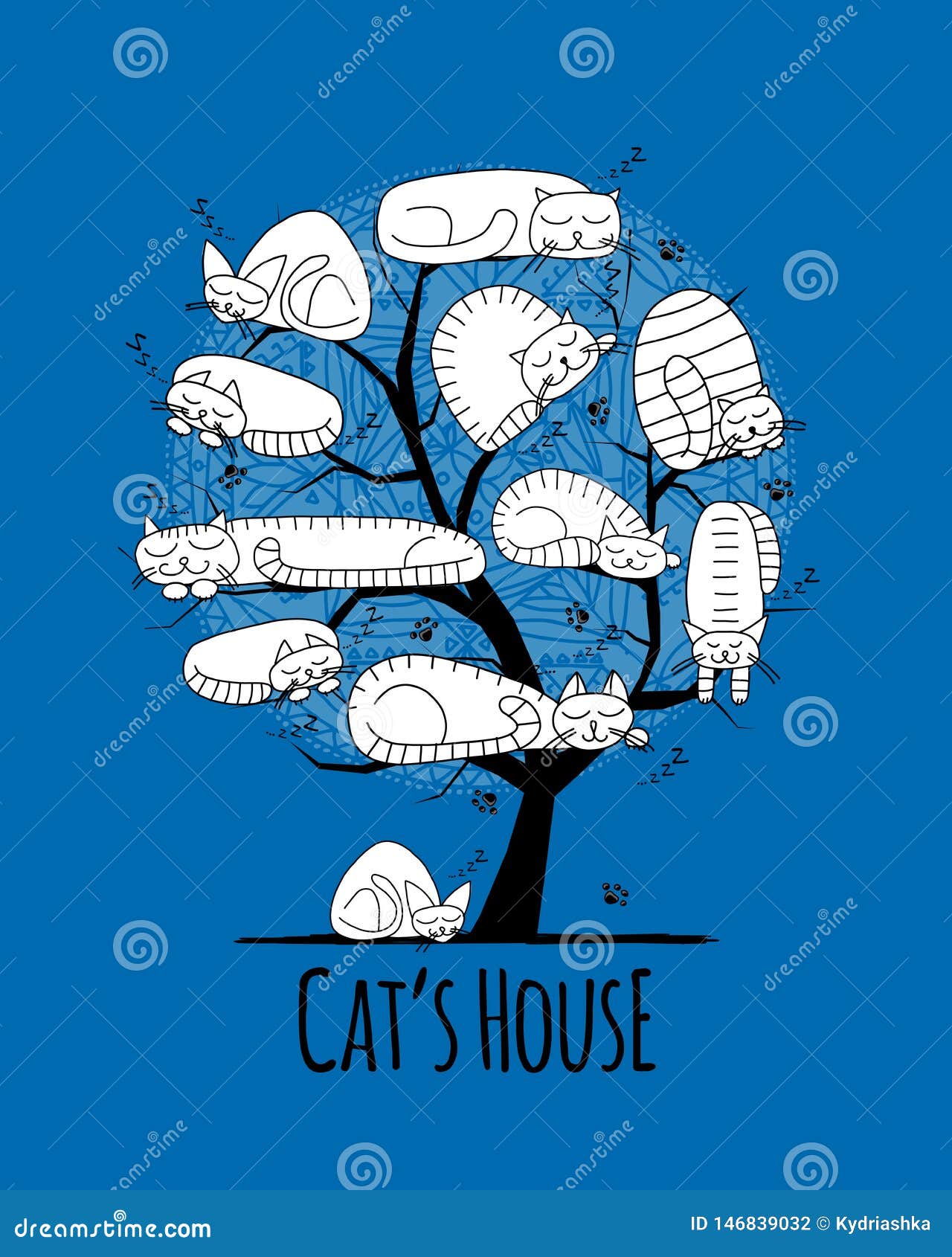 Tree with Sleeping Cats, Sketch for Your Design Stock Vector ...