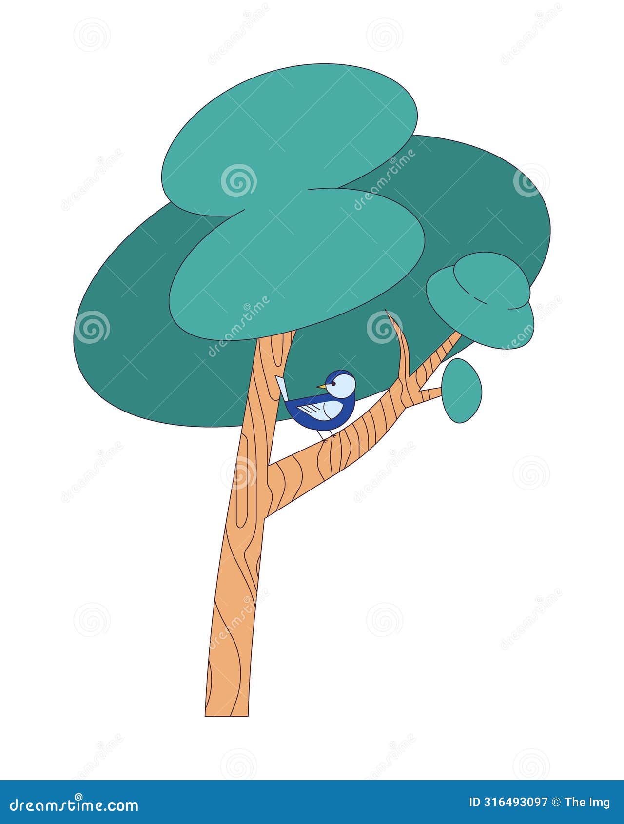 Tree with Small Bird in Branch 2D Linear Cartoon Object Stock Vector ...