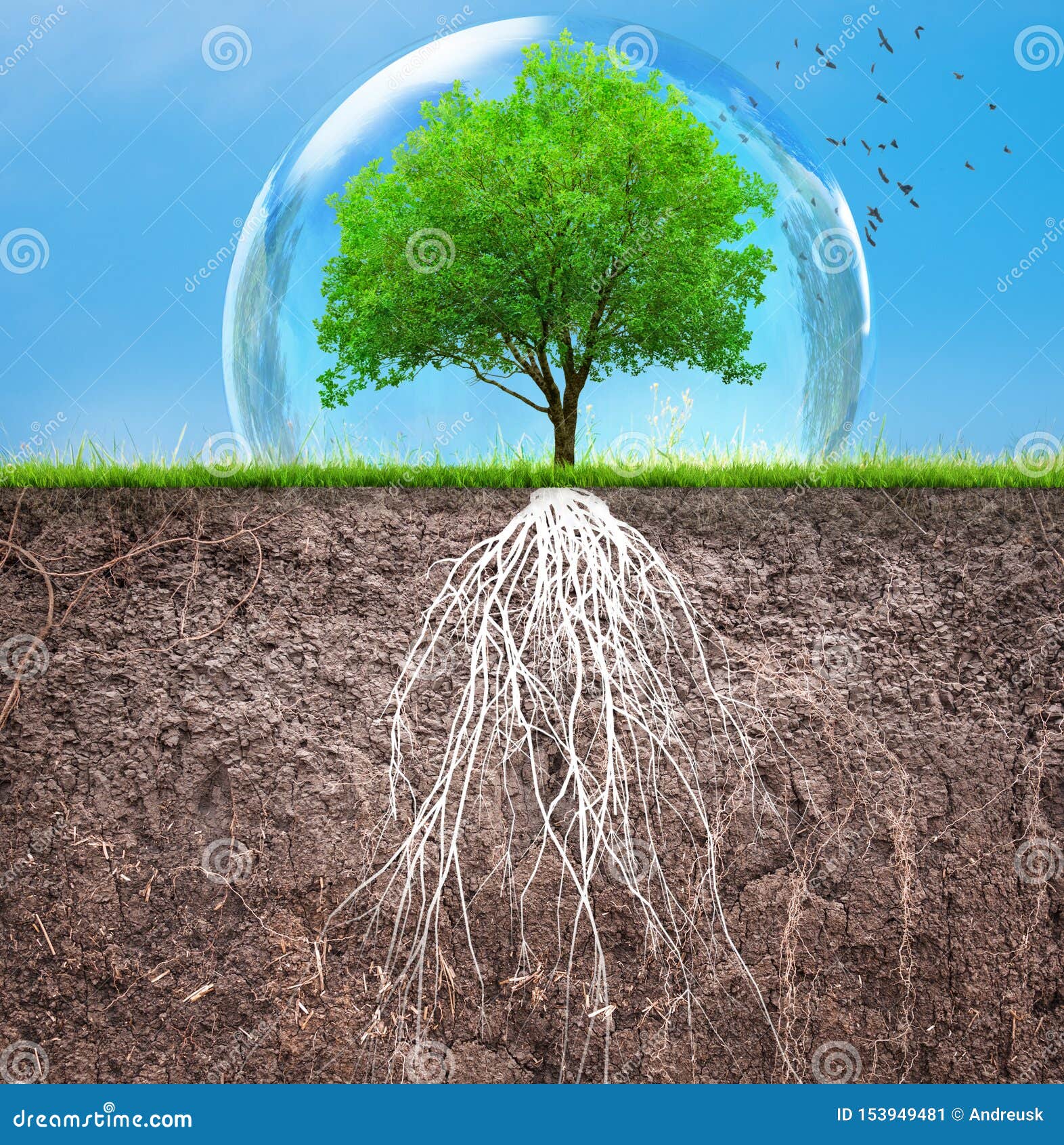 A Tree and Soil with Roots and Grass Stock Illustration - Illustration ...