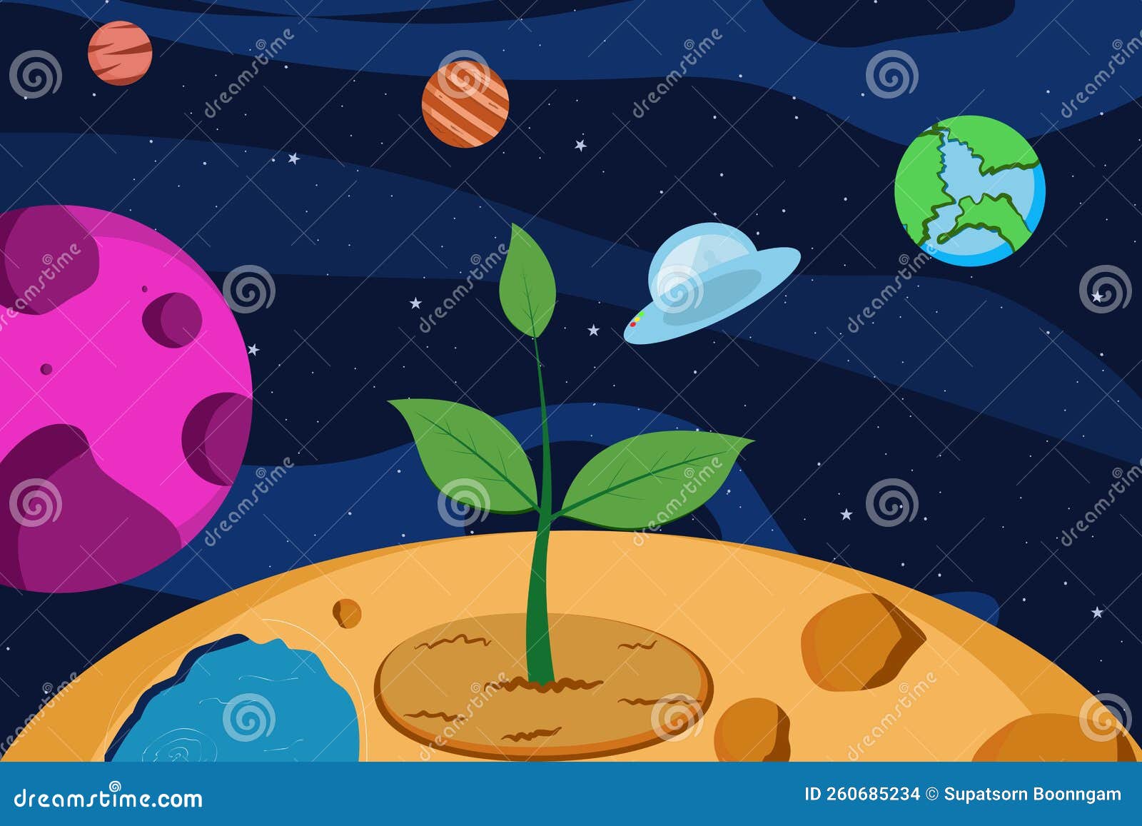 Tree in Space,spaceship, Planets,stars Stock Vector - Illustration of ...