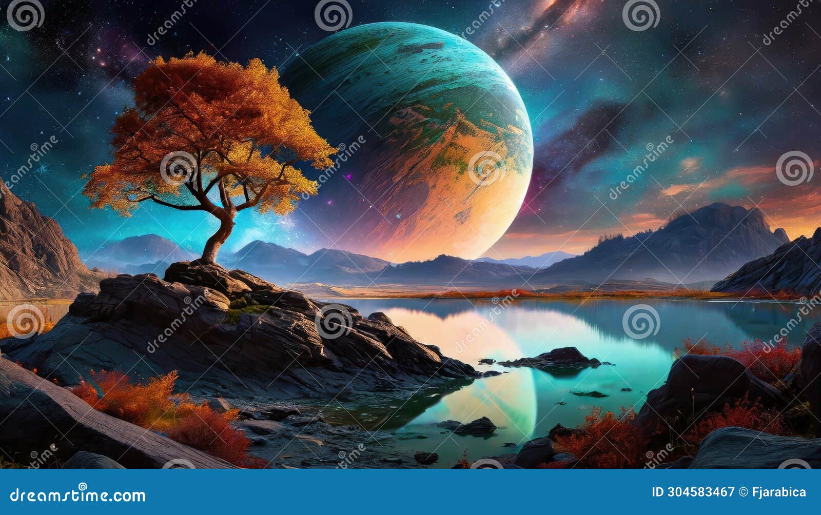 A Tree with a Space View of Other Planets Stock Illustration ...