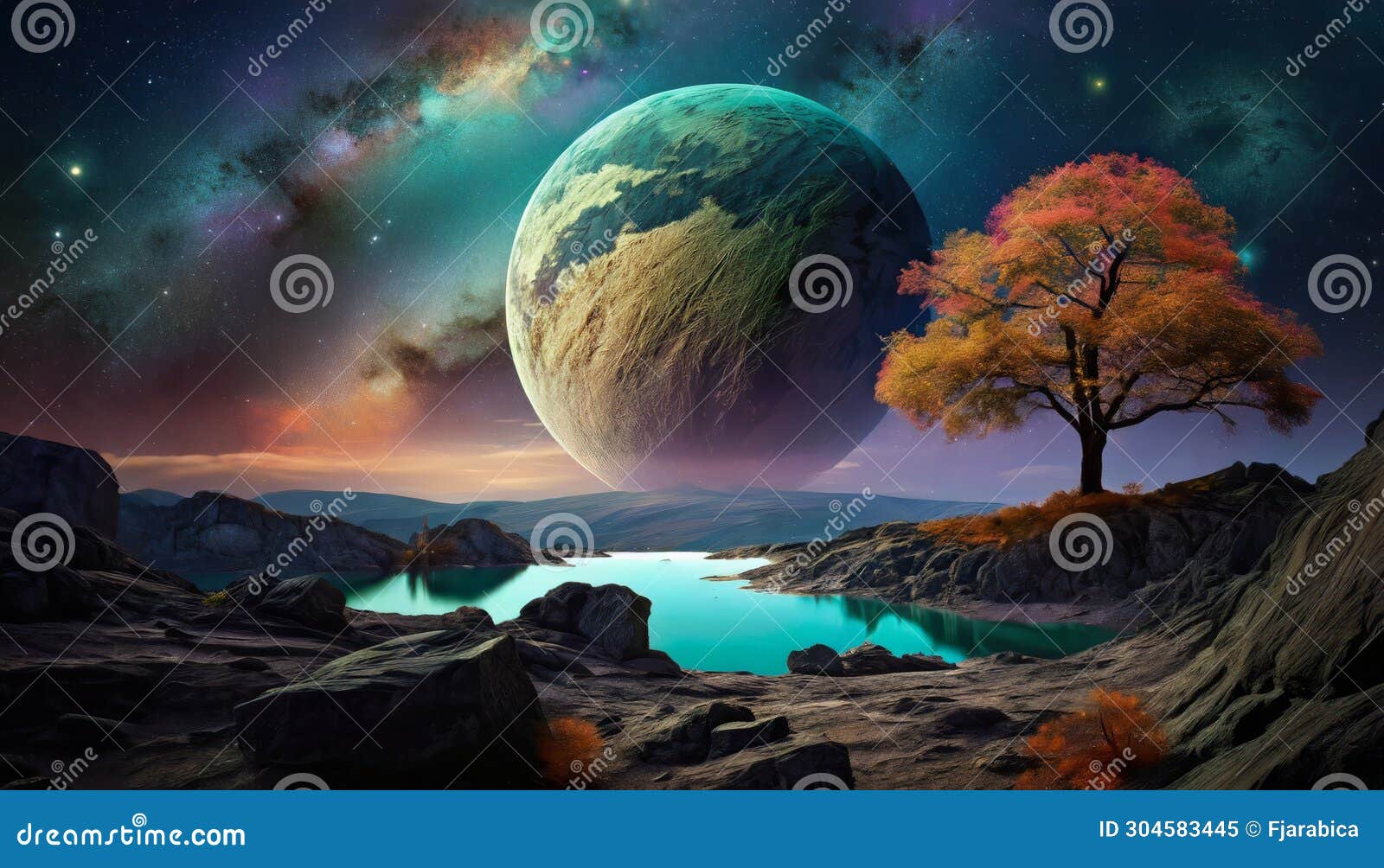 A Tree with a Space View of Other Planets Stock Illustration ...