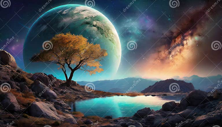 A Tree with a Space View of Other Planets Stock Illustration ...