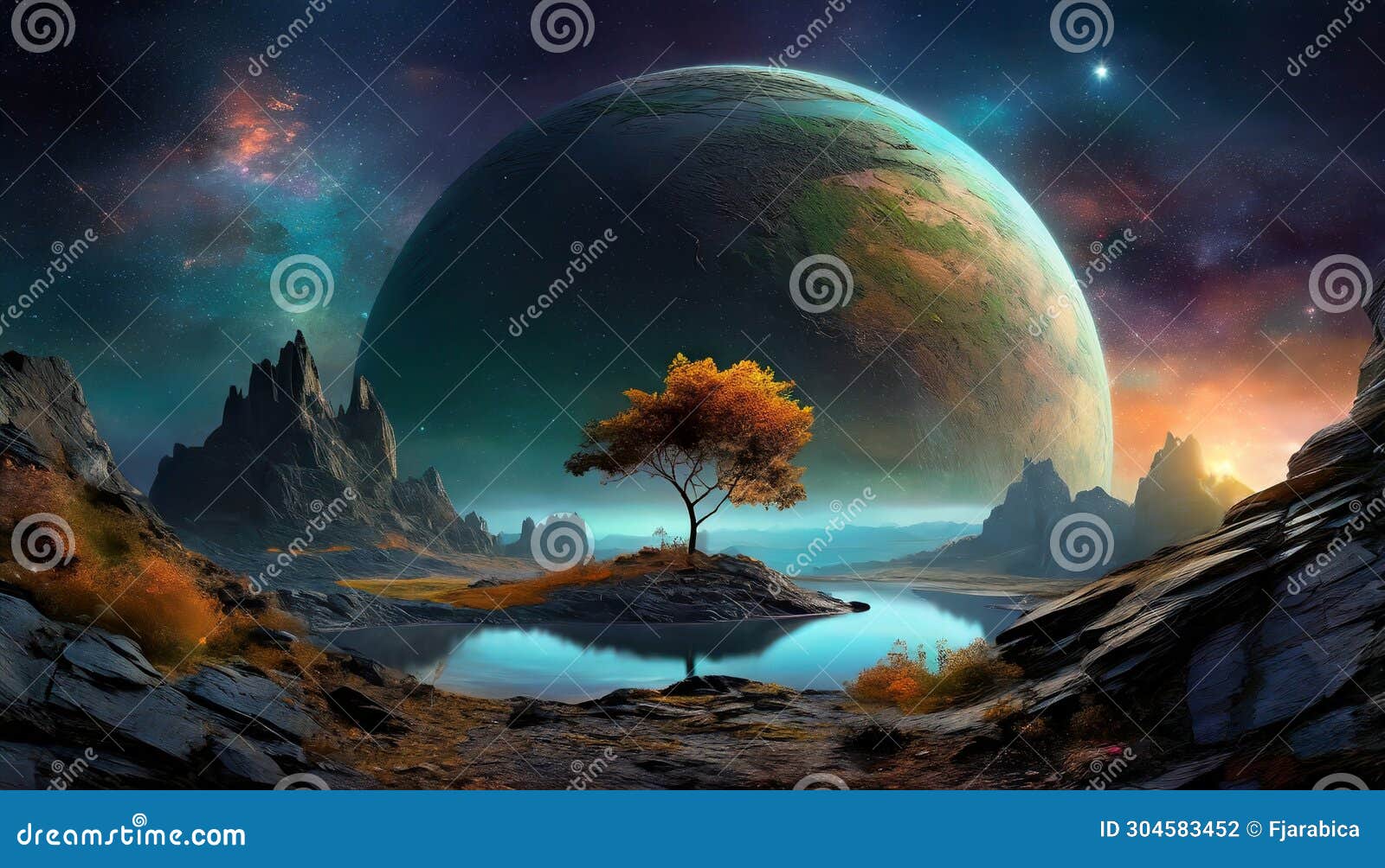 A Tree with a Space View of Other Planets Stock Illustration ...