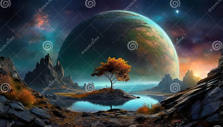 A Tree with a Space View of Other Planets Stock Illustration ...