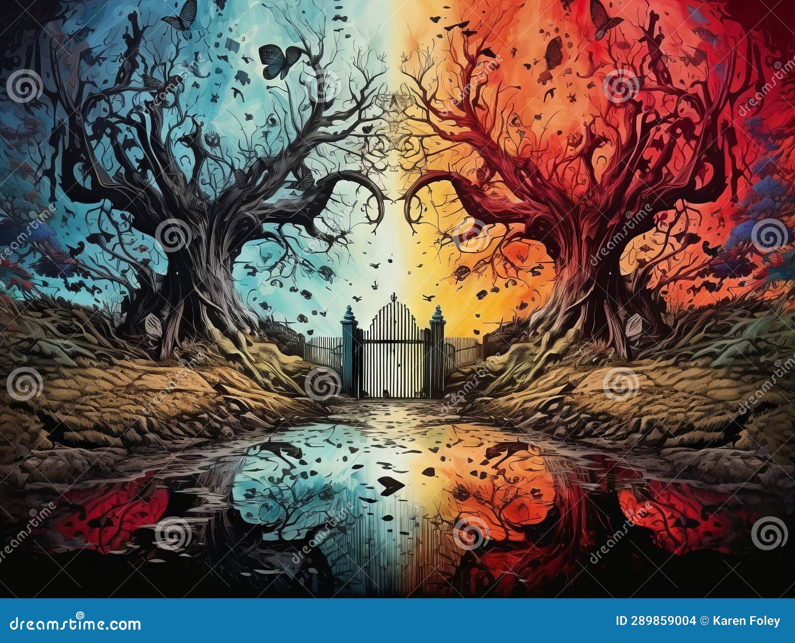 Tree Split Screen in Blue and Red Stock Illustration - Illustration of ...