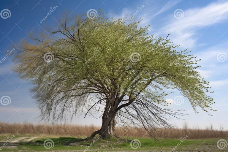 A Tree with Sprouting Leaves Blowing in the Wind Stock Illustration ...
