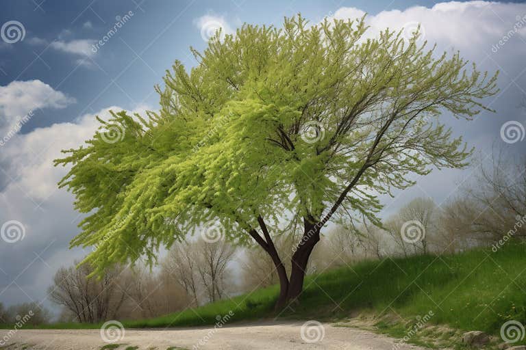 A Tree with Sprouting Leaves Blowing in the Wind Stock Photo - Image of ...