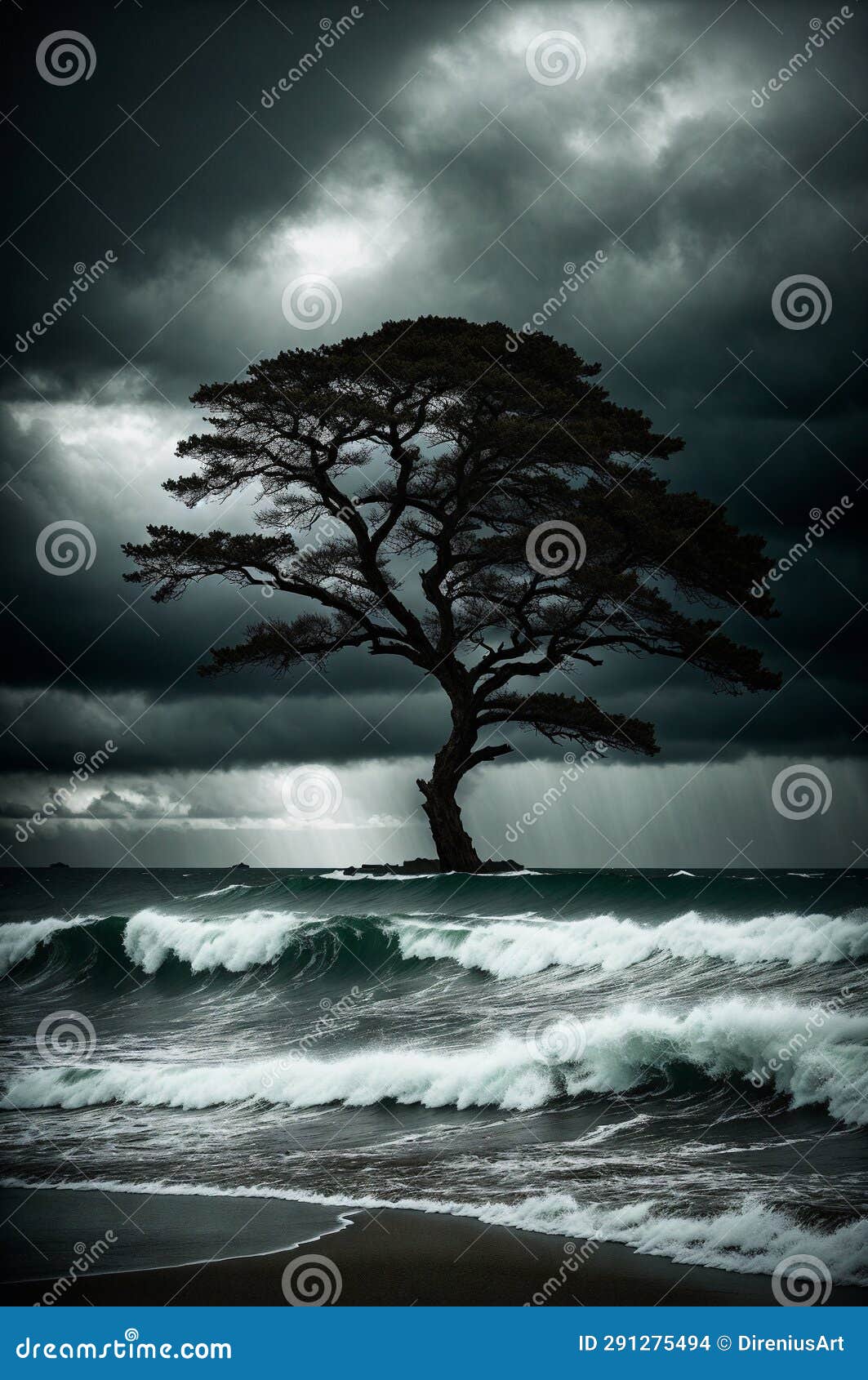 A Tree Standing Against the Storm on a Beach with a Dark Sky and Waves ...