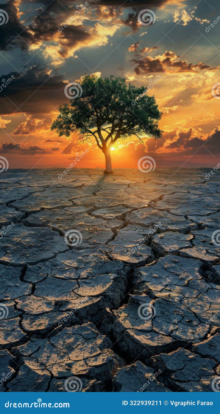 Tree Standing Alone on a Dry Cracked Earth at Sunset, Environmental ...