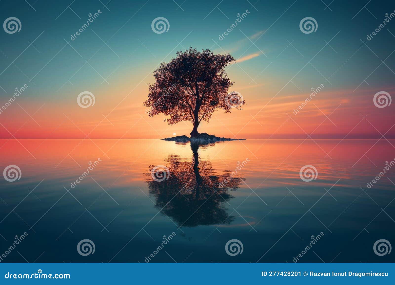 Tree Standing in the Water during a Breathtaking Sunset, with Its ...