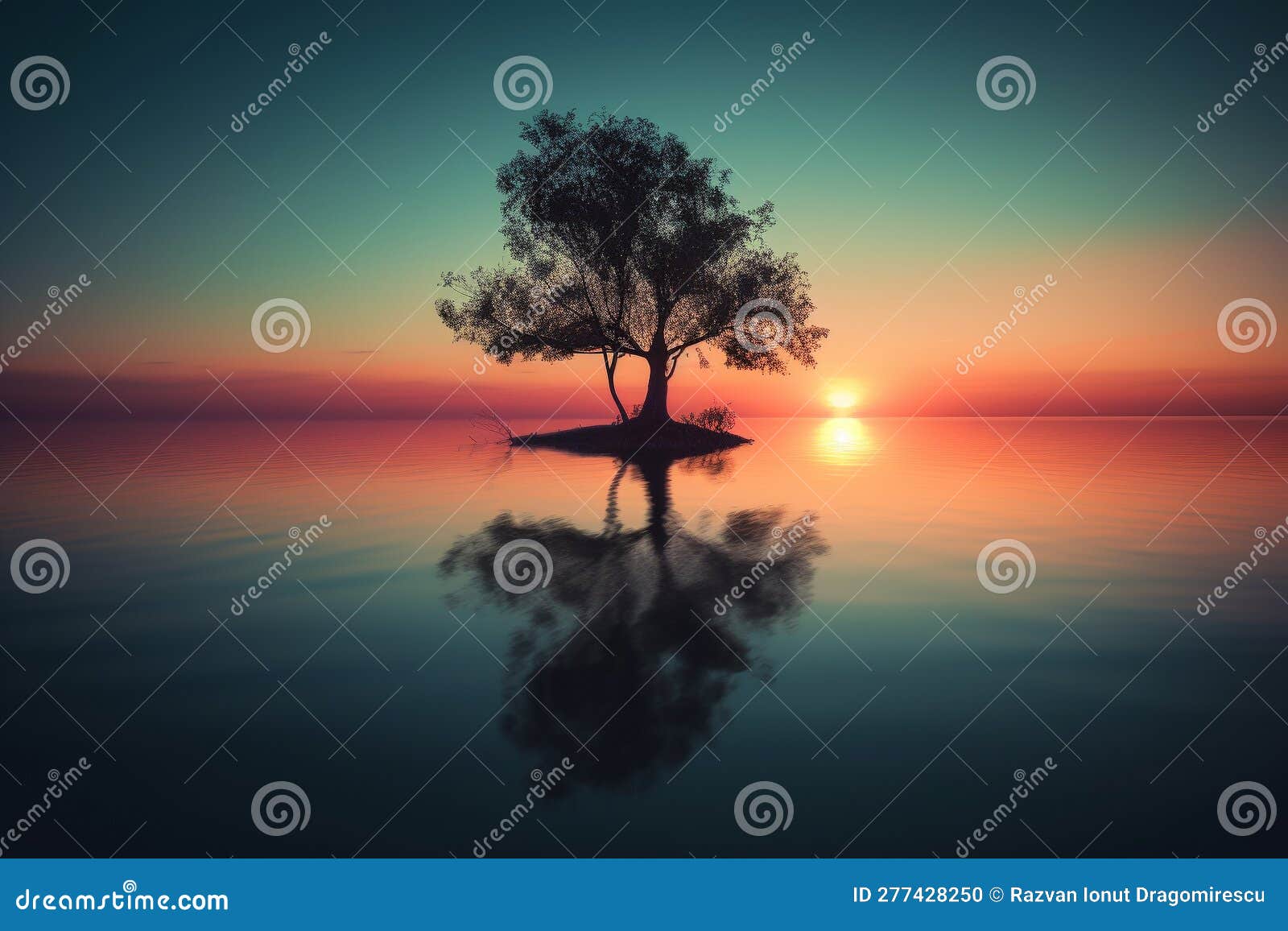Tree Standing in the Water during a Breathtaking Sunset, with Its ...