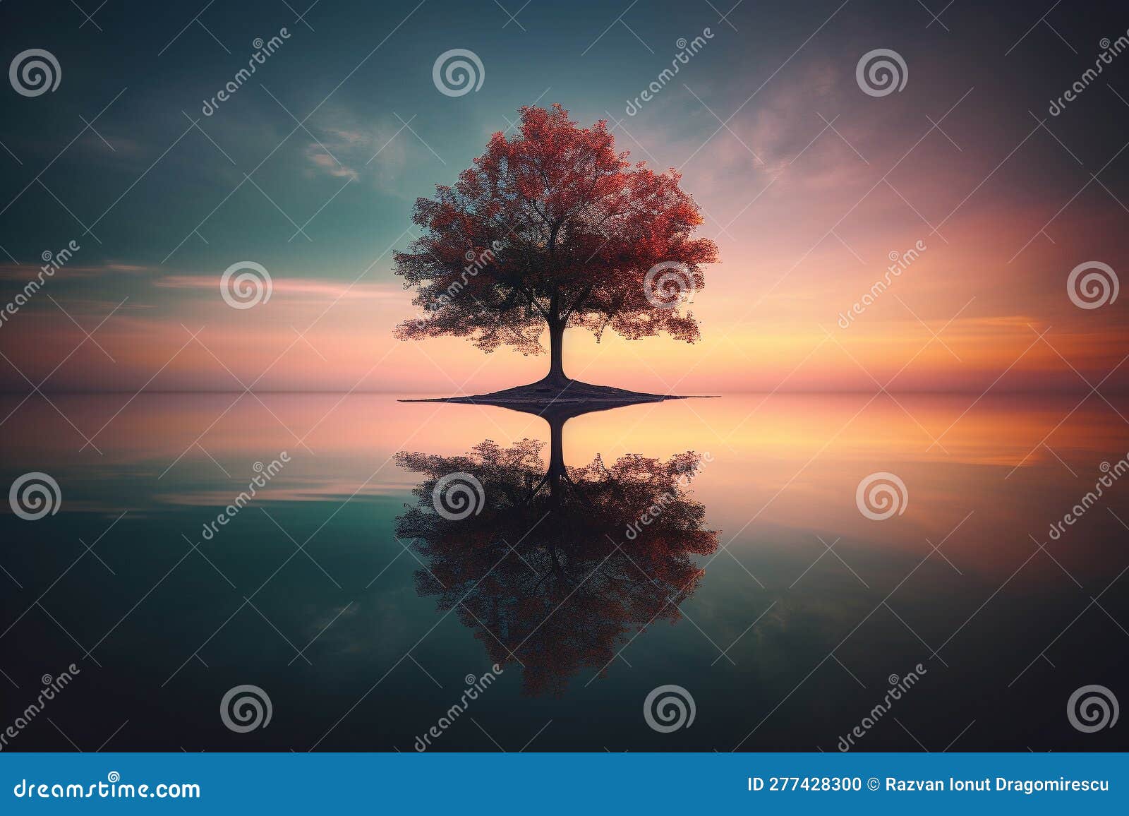Tree Standing in the Water during a Breathtaking Sunset, with Its ...