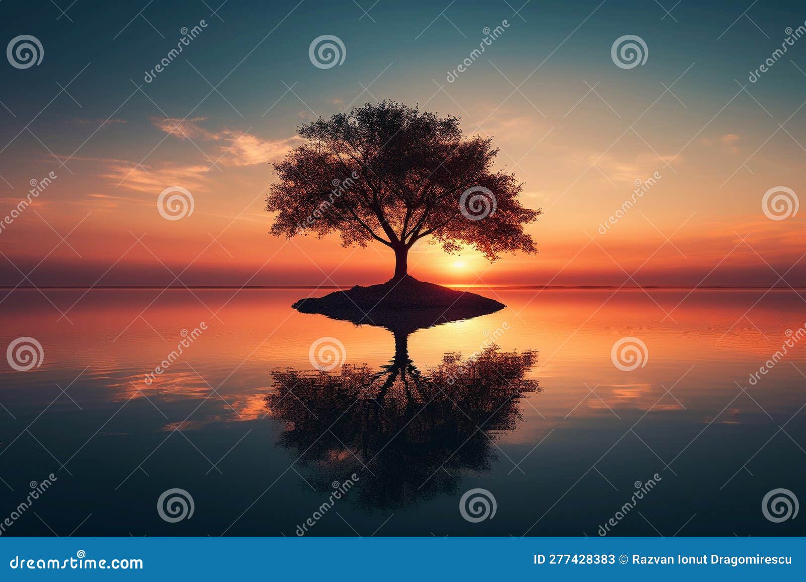 Tree Standing in the Water during a Breathtaking Sunset, with Its ...