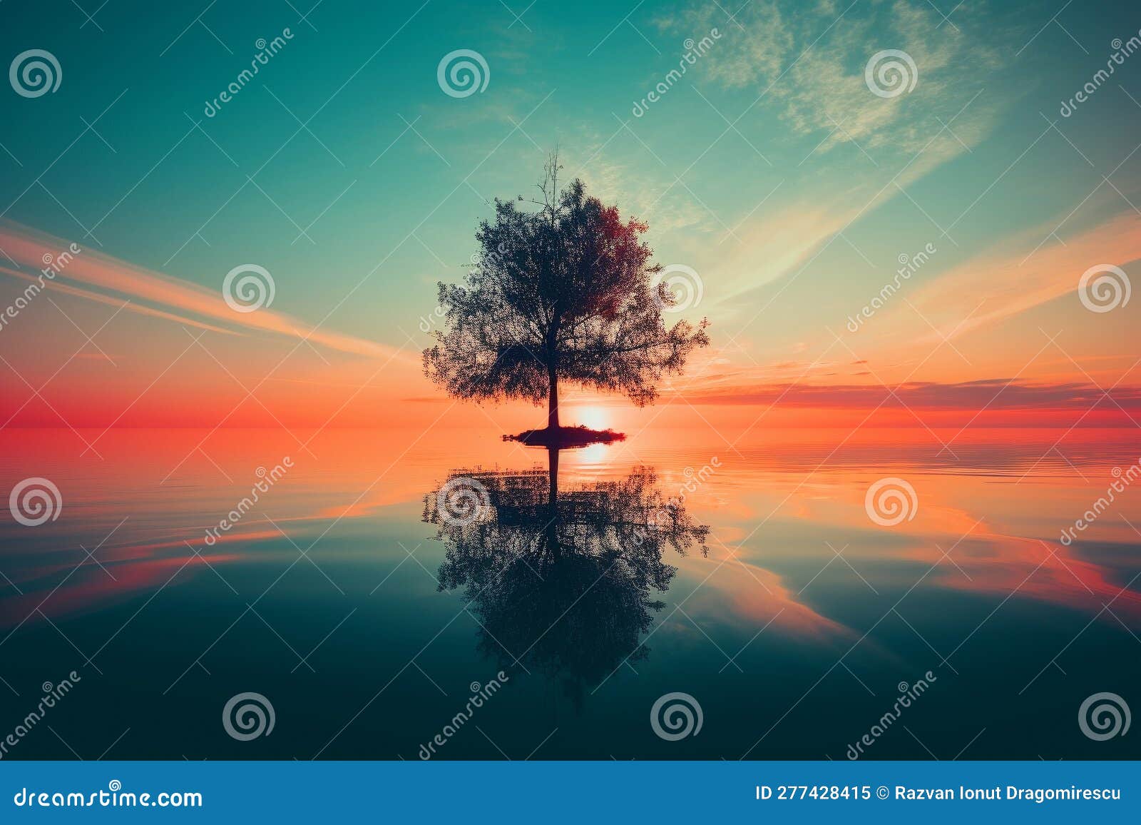 Tree Standing in the Water during a Breathtaking Sunset, with Its ...