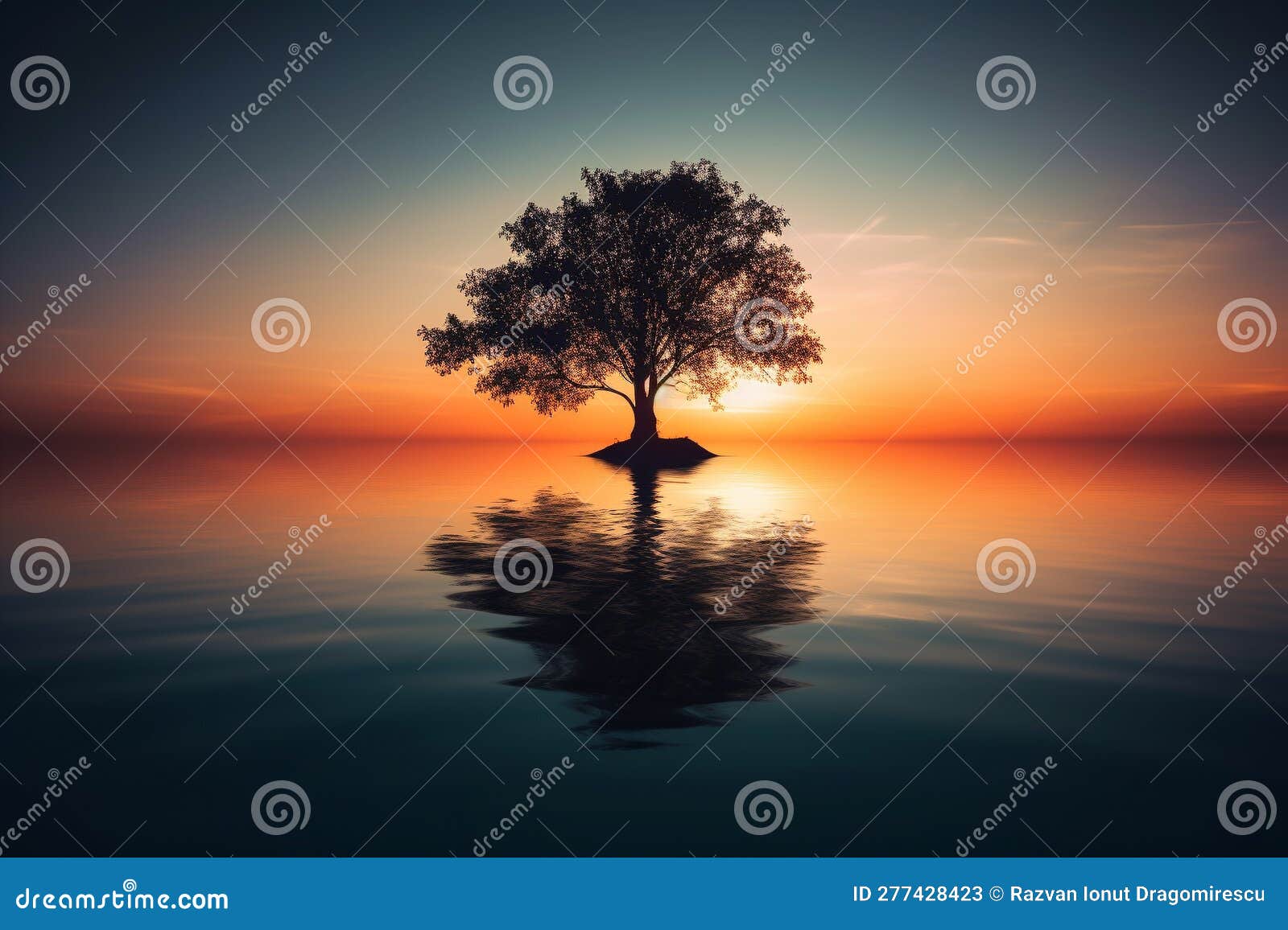 Tree Standing in the Water during a Breathtaking Sunset, with Its ...