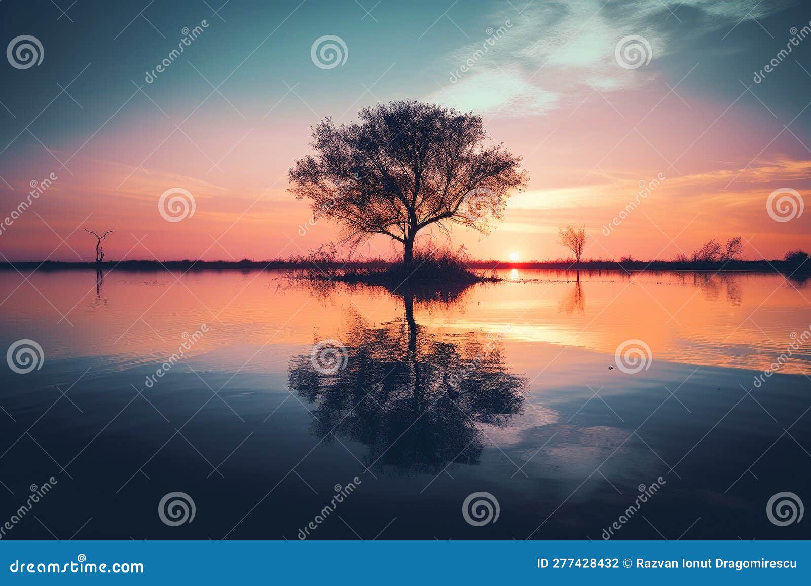 Tree Standing in the Water during a Breathtaking Sunset, with Its ...