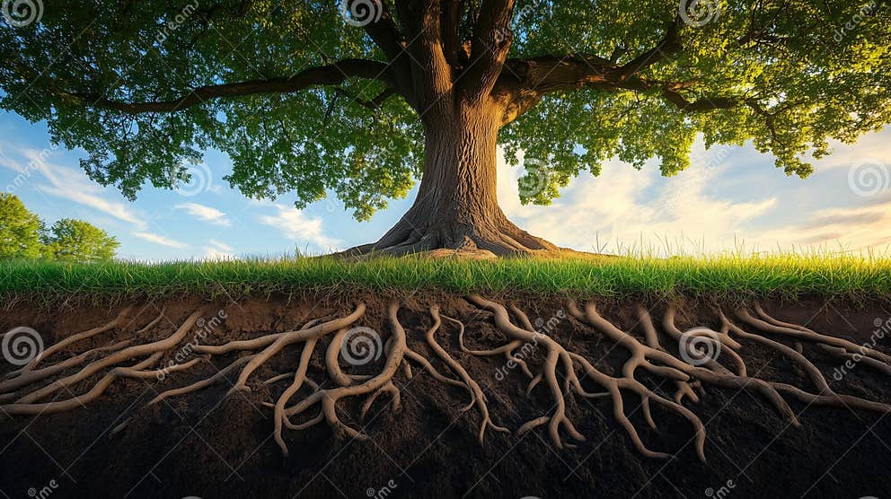 The Tree Stands Tall with Its Roots Visible, Bathed in the Soft Light ...