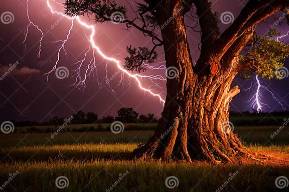 Tree Struck by Lightning in Violent Thunder Storm Stock Illustration ...