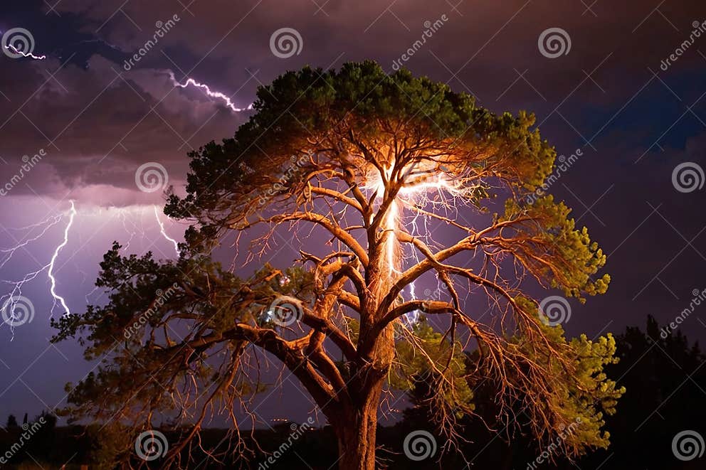 Tree Struck by Lightning in Violent Thunder Storm Stock Illustration ...