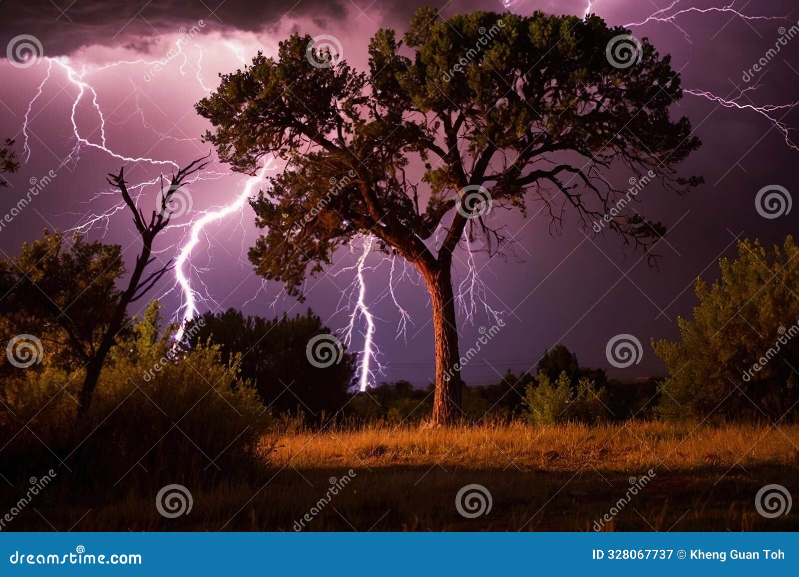Tree Struck by Lightning in Violent Thunder Storm Stock Illustration ...
