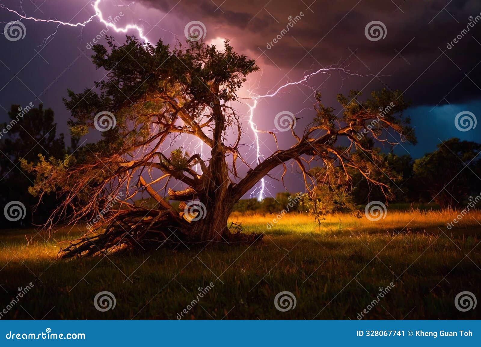Tree Struck by Lightning in Violent Thunder Storm Stock Illustration ...