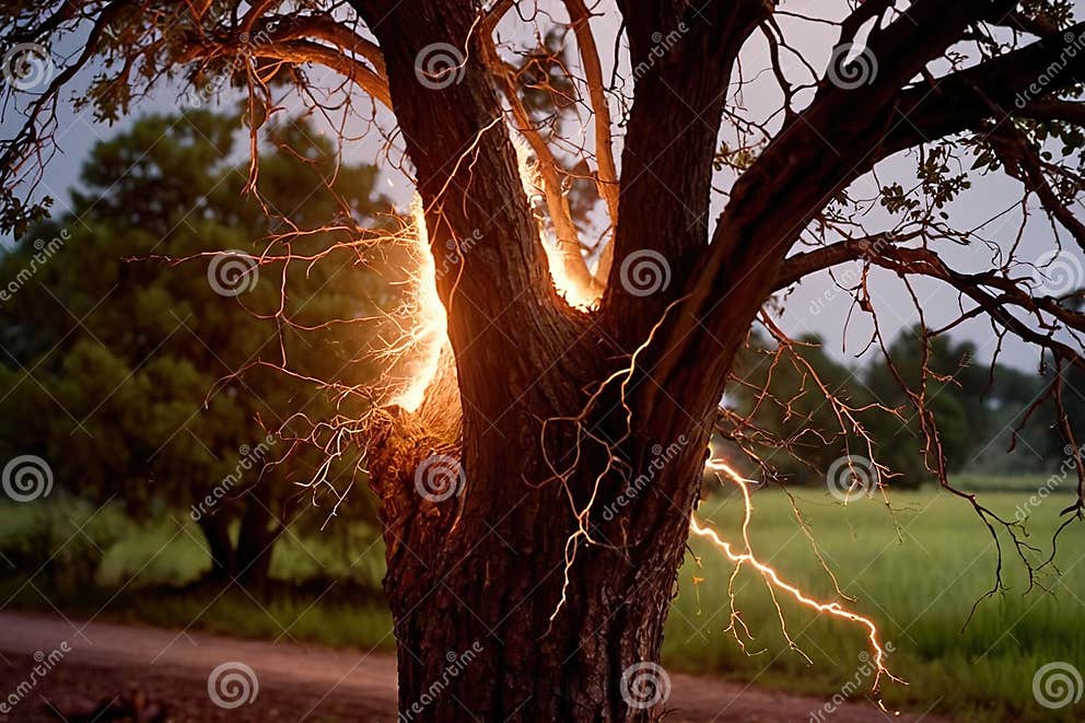 Tree Struck by Lightning in Violent Thunder Storm Stock Illustration ...