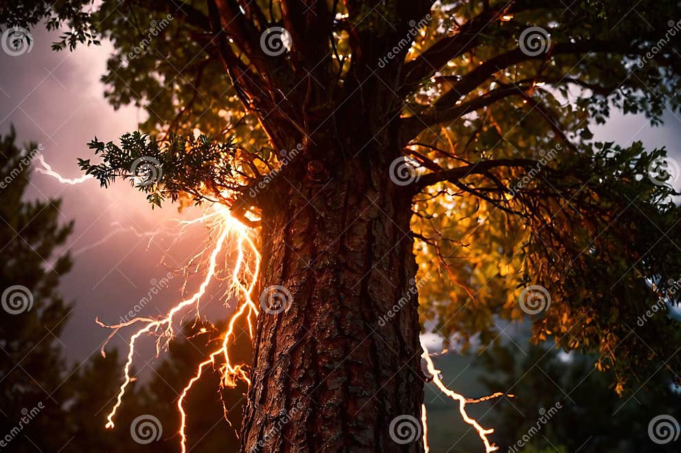 Tree Struck by Lightning in Violent Thunder Storm Stock Illustration ...