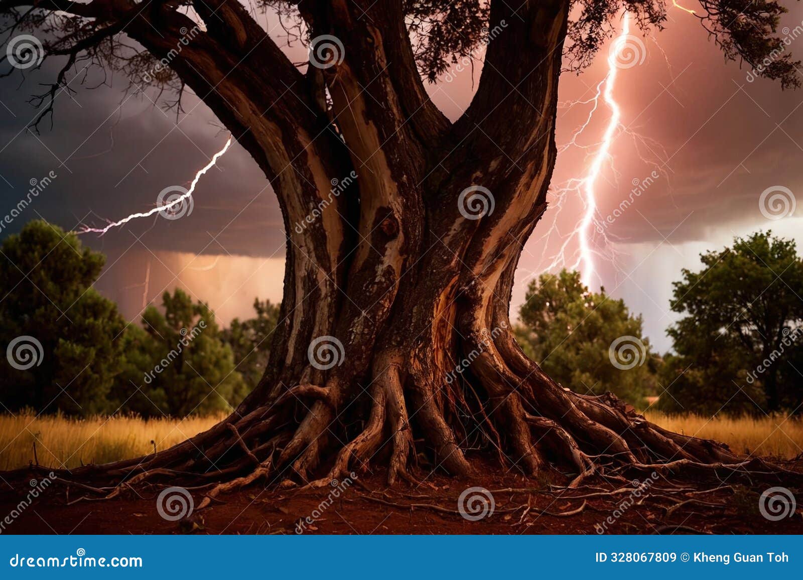 Tree Struck by Lightning in Violent Thunder Storm Stock Illustration ...
