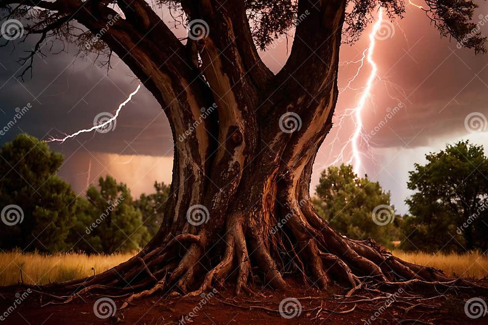 Tree Struck by Lightning in Violent Thunder Storm Stock Illustration ...