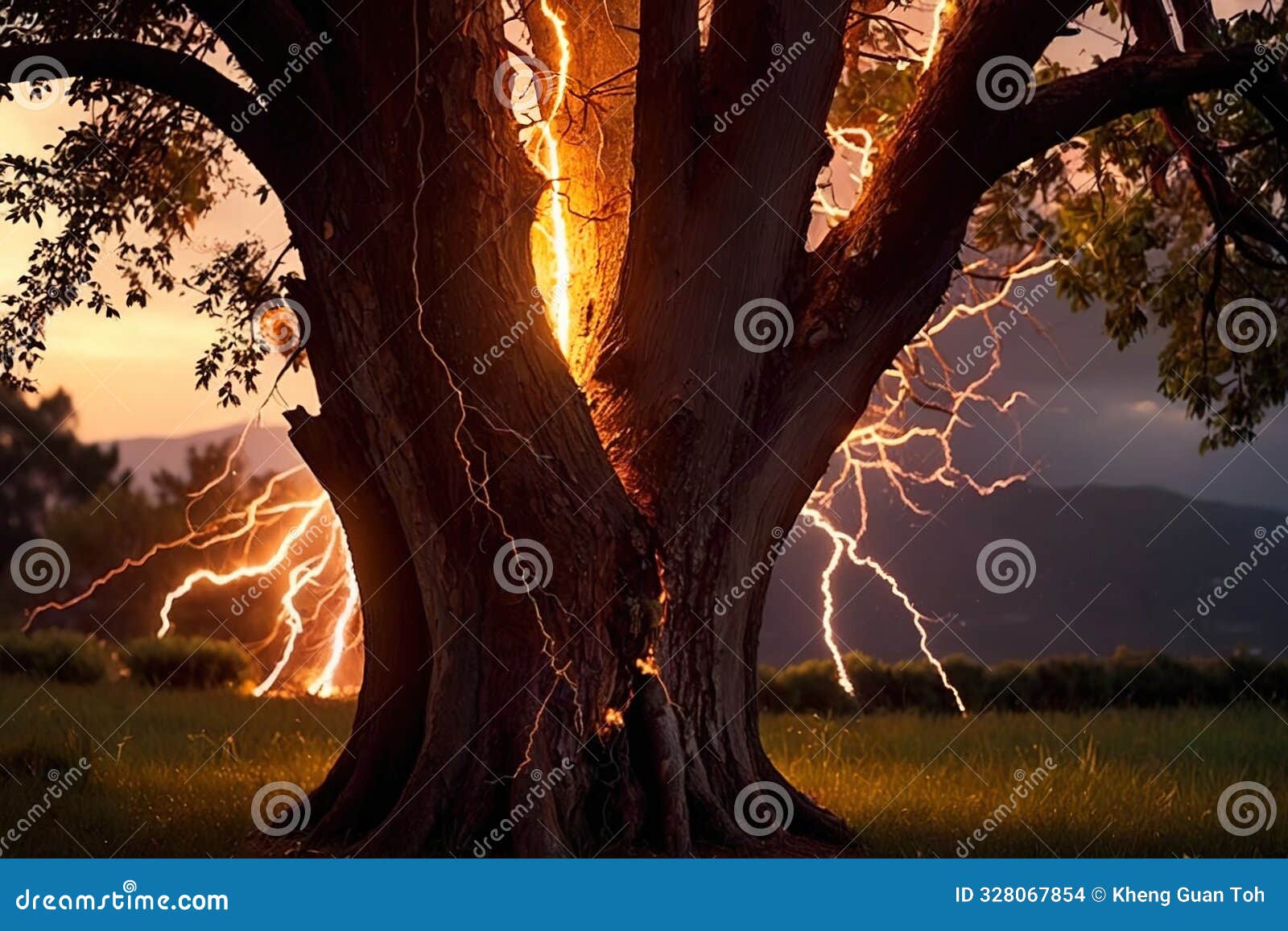 Tree Struck by Lightning in Violent Thunder Storm Stock Illustration ...