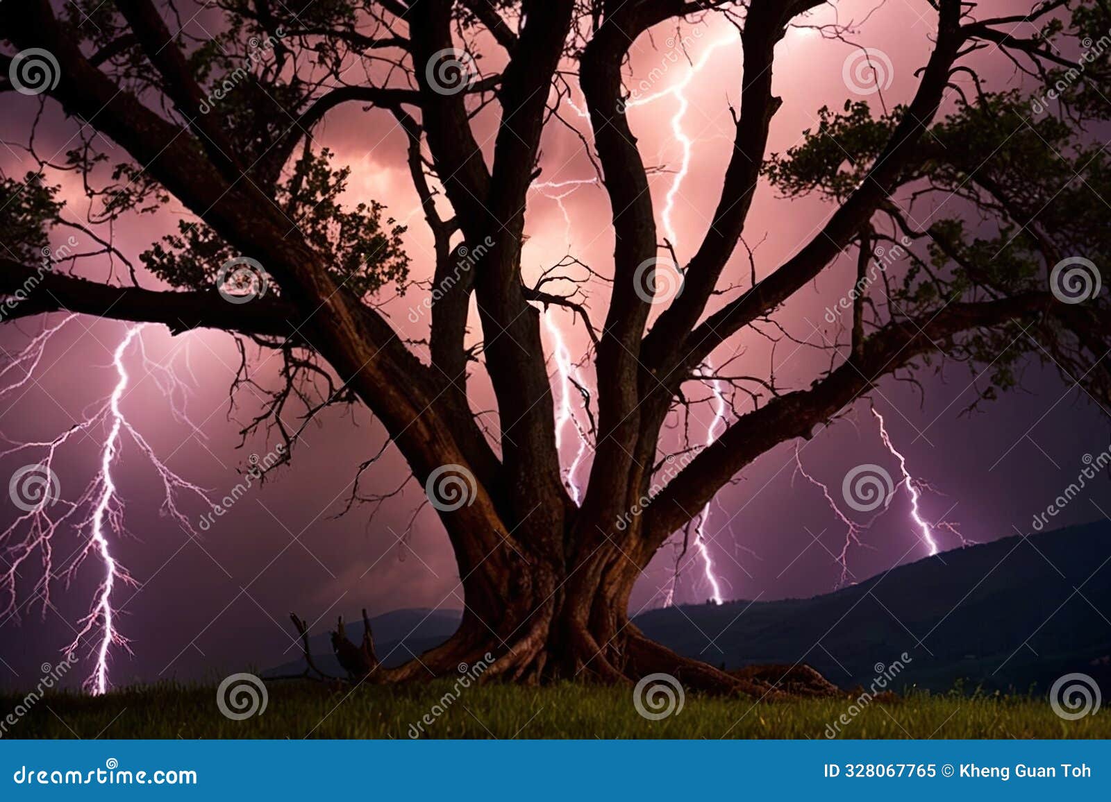 Tree Struck by Lightning in Violent Thunder Storm Stock Illustration ...