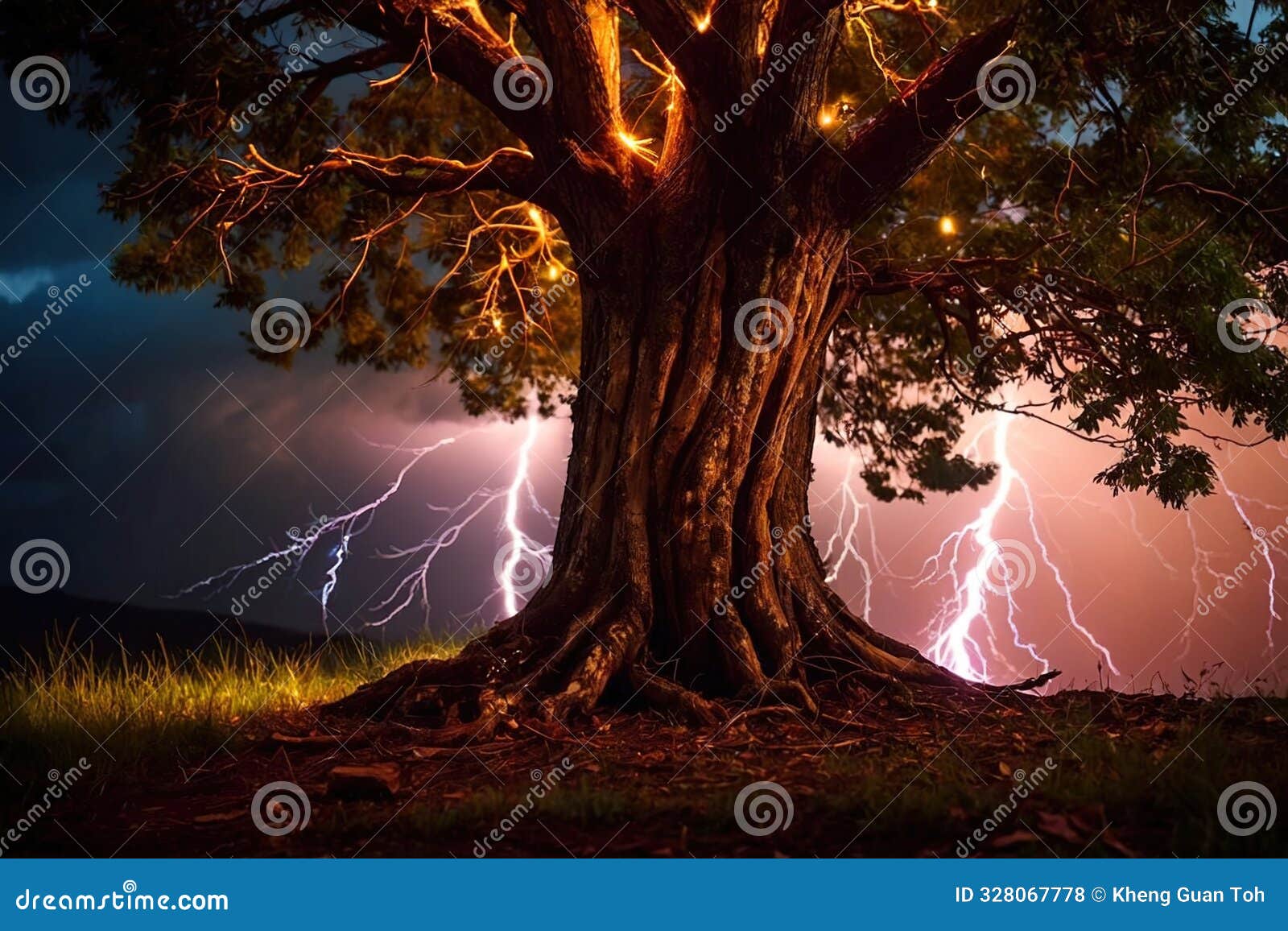 Tree Struck by Lightning in Violent Thunder Storm Stock Illustration ...