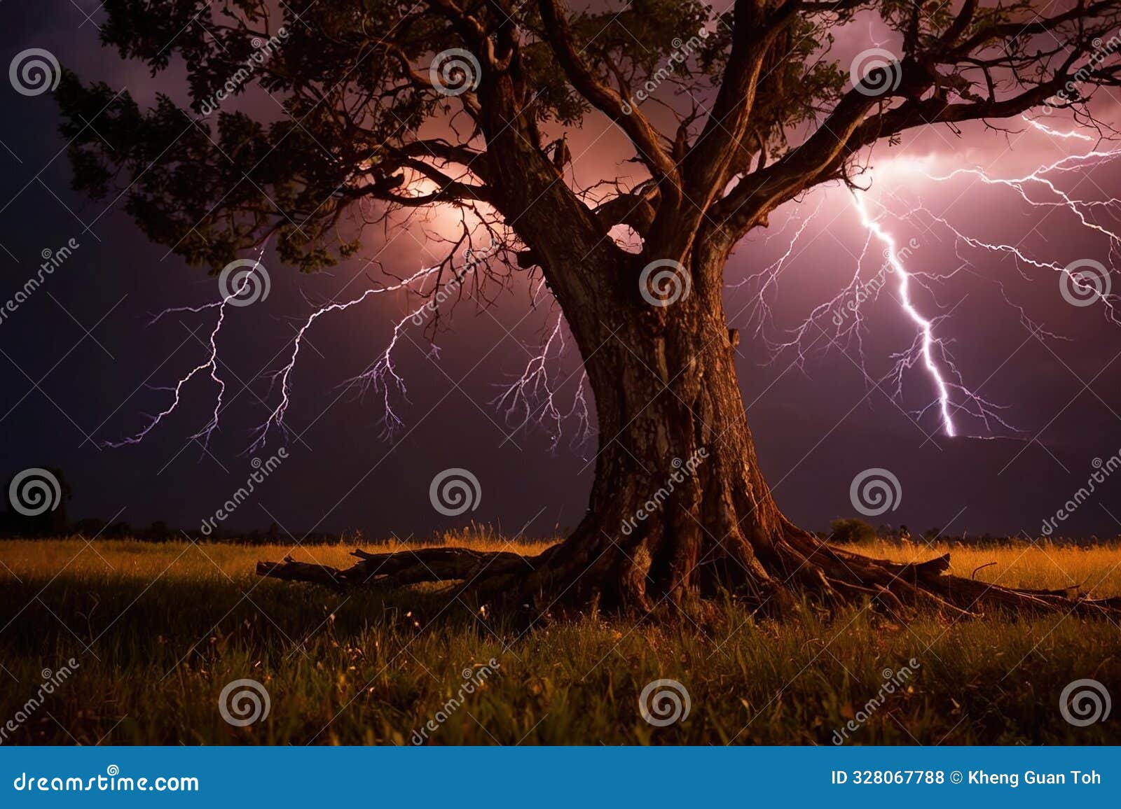 Tree Struck by Lightning in Violent Thunder Storm Stock Illustration ...