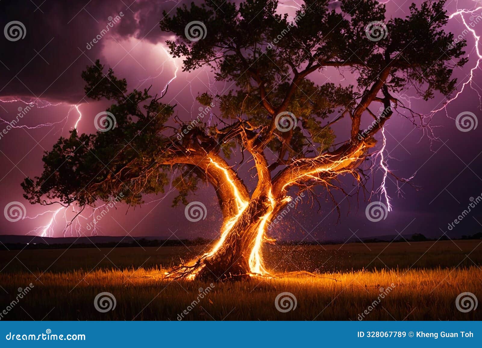 Tree Struck by Lightning in Violent Thunder Storm Stock Illustration ...