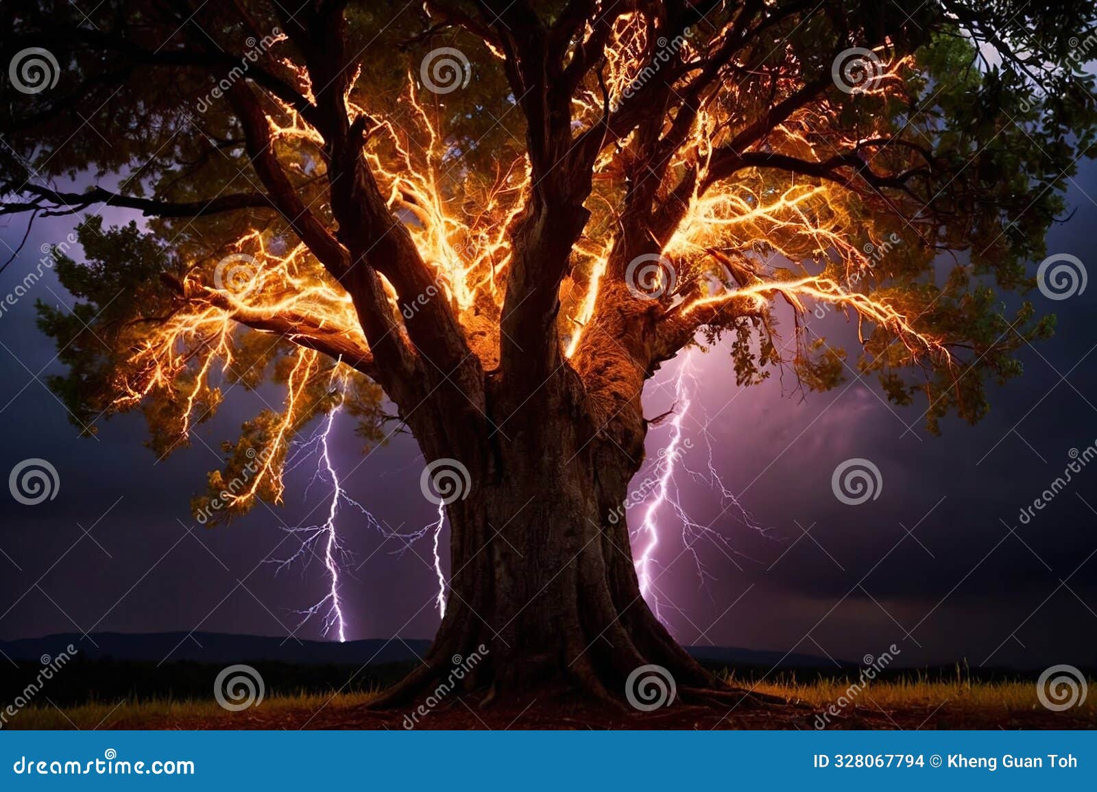 Tree Struck by Lightning in Violent Thunder Storm Stock Illustration ...