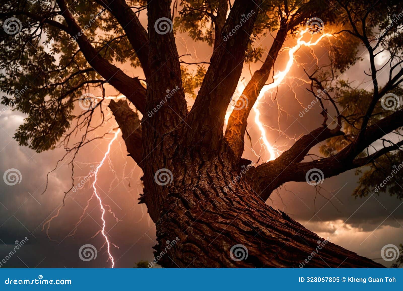 Tree Struck by Lightning in Violent Thunder Storm Stock Illustration ...