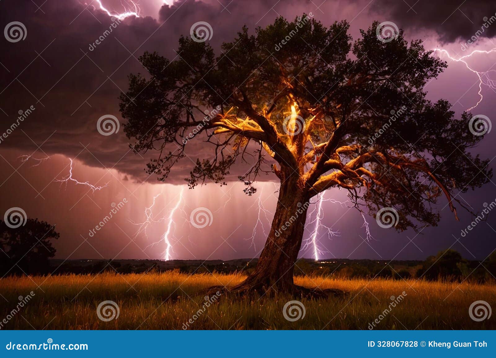Tree Struck by Lightning in Violent Thunder Storm Stock Illustration ...
