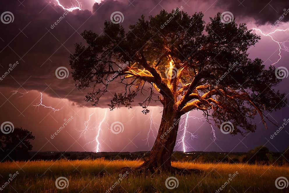 Tree Struck by Lightning in Violent Thunder Storm Stock Illustration ...