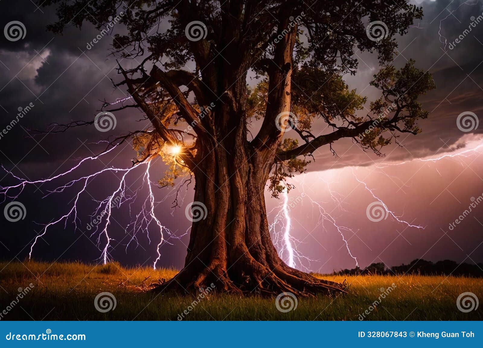Tree Struck by Lightning in Violent Thunder Storm Stock Illustration ...