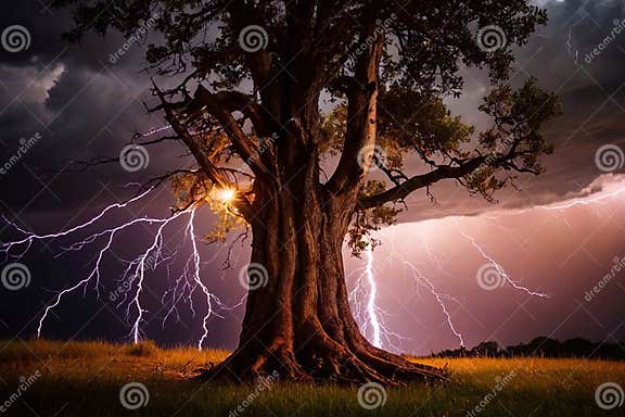 Tree Struck by Lightning in Violent Thunder Storm Stock Illustration ...