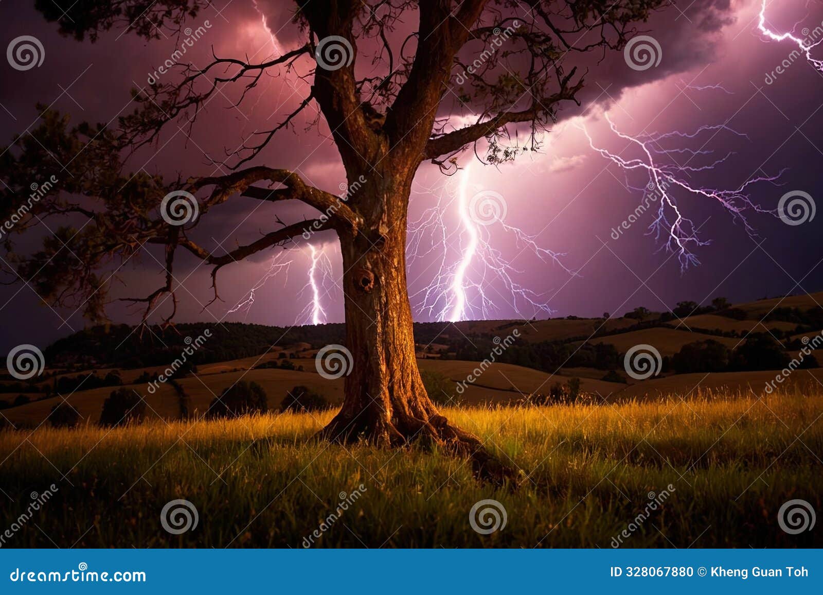 Tree Struck by Lightning in Violent Thunder Storm Stock Illustration ...