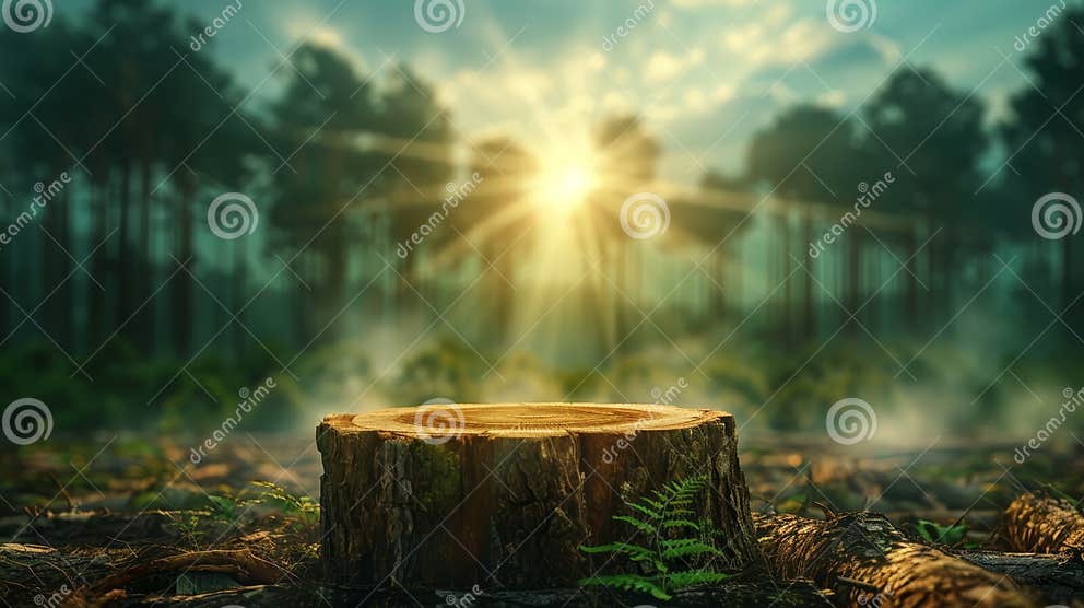 Tree Stump in Deforested Area with Sun Rays in Forest Stock ...